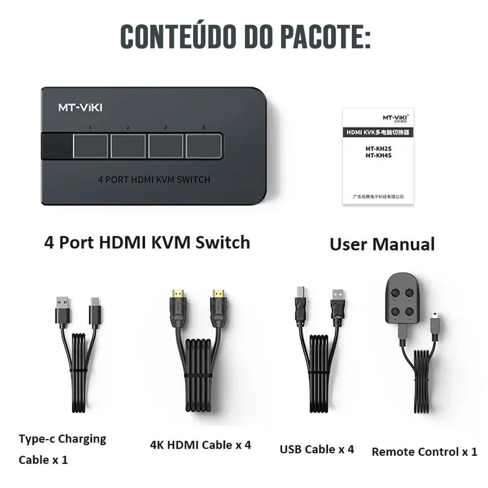 Switch 4 Portas Kvm 4k HDMIUSB 3840x2160 KaBuM